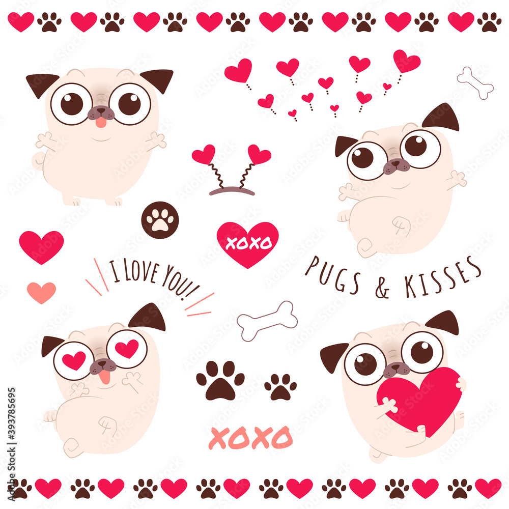 Cute and funny pug characters and love themed design elements. Flat ...