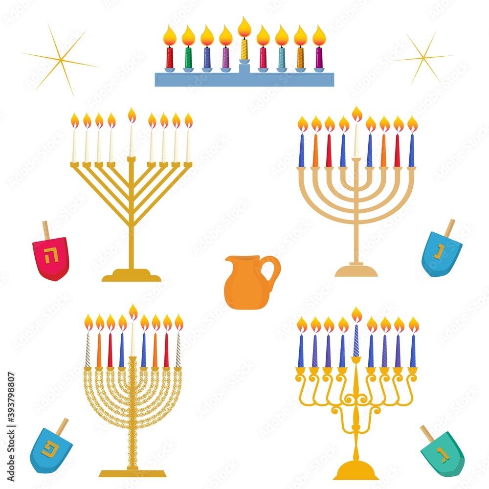 Different types of Hanukkah, Festival of Light, traditional golden ...