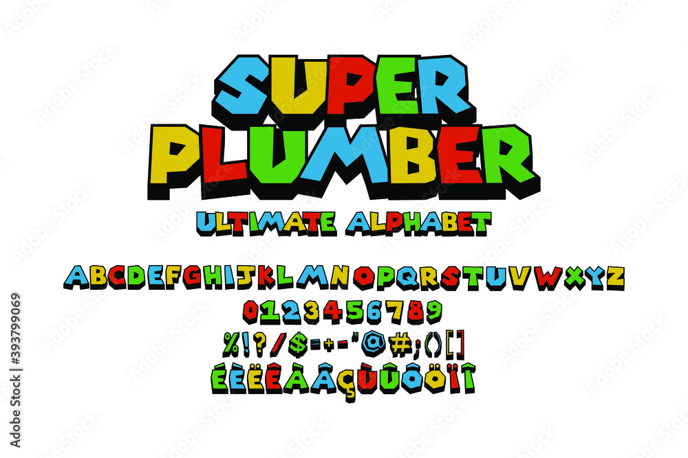Fun video game colorful ultimate alphabet. Fake 3D vector typography ...