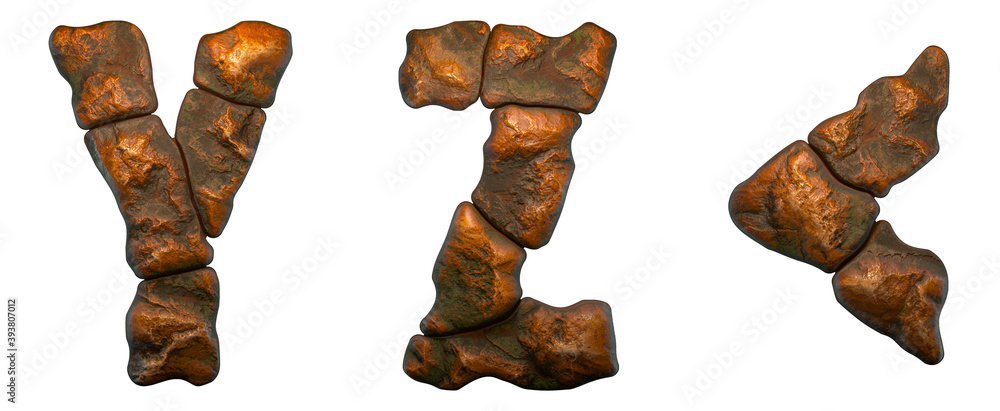 Set of rocky letters Y, Z, and symbol left angle bracket. Font of stone ...