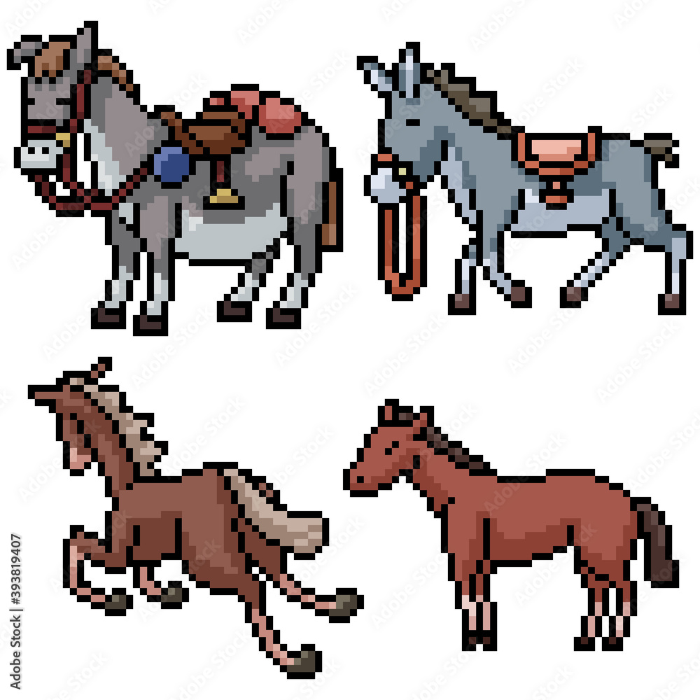 pixel art set isolated donkey vehicle Stock Vector | Adobe Stock