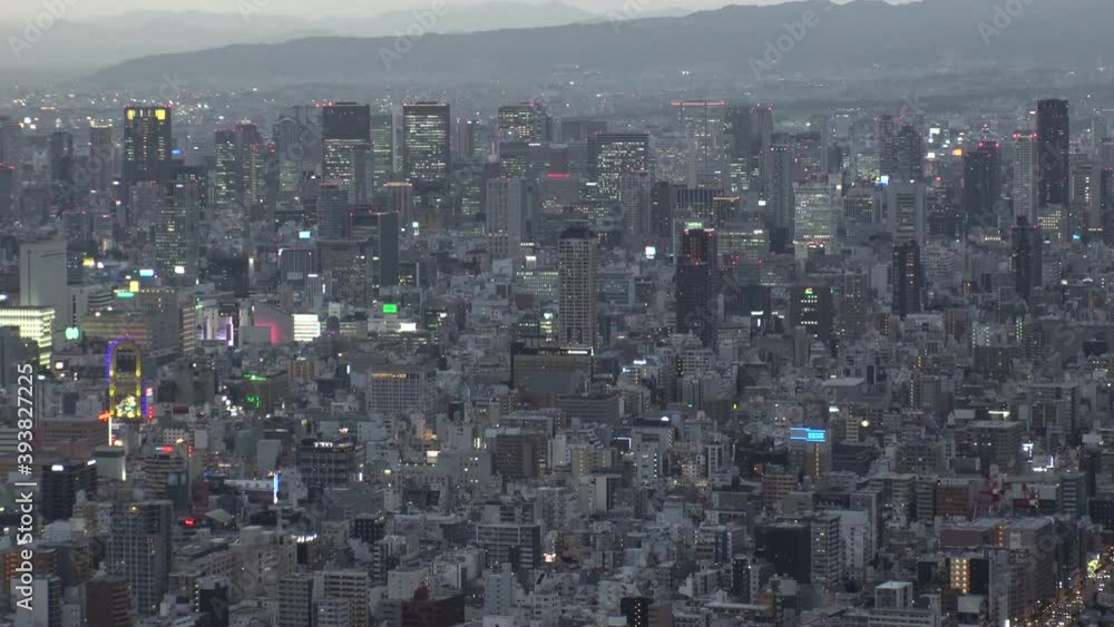 OSAKA, JAPAN : Aerial high angle sunrise view of CITYSCAPE of OSAKA ...