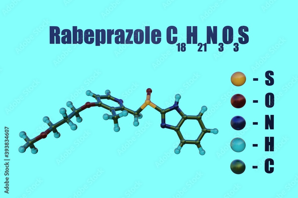 Structural chemical formula and molecular model of rabeprazole, a ...