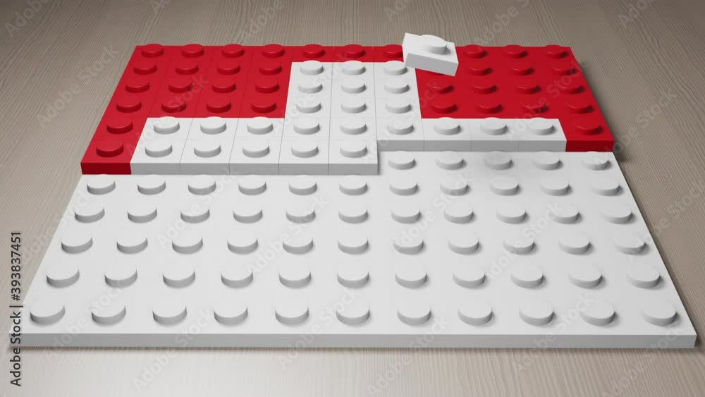 Swiss flag made from blocks. Animation of plastic bricks are falling ...