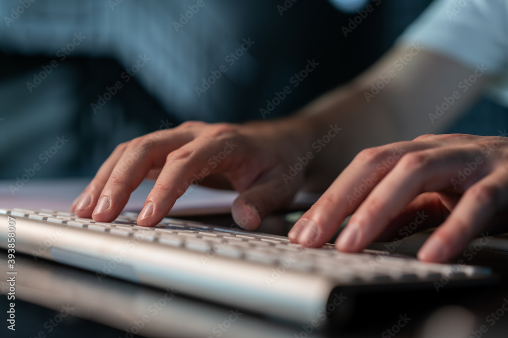 Office manager male hands typing on computer keyboard, closeup ...