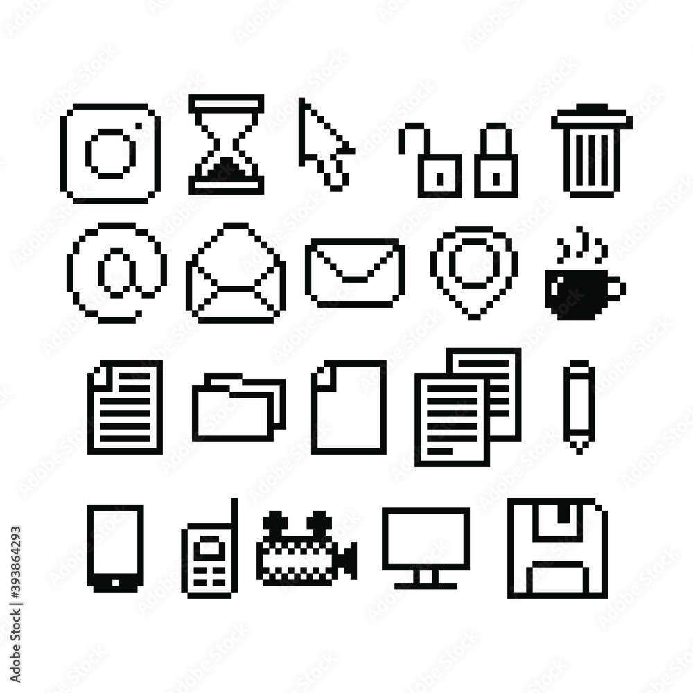 Set Of 8 bit Pixel Graphics Icons Isolated Vector Illustration Game set-of-8-bit-pixel-graphics-icons-isolated-vector-illustration-game