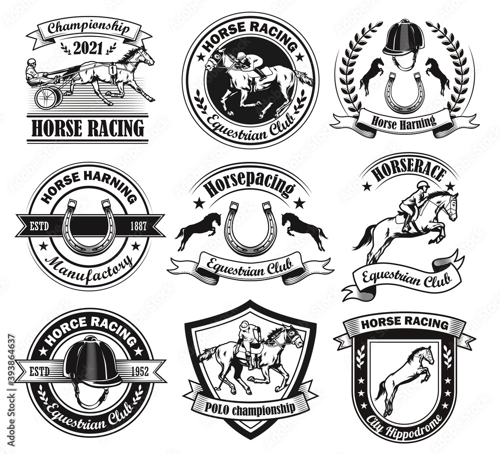 Vintage badges for equine club vector illustration set. Monochrome ...