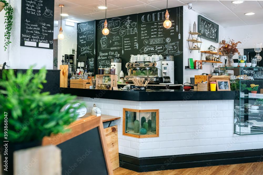 Empty cafe interior with coffee maker and blackboard with menu Stock ...