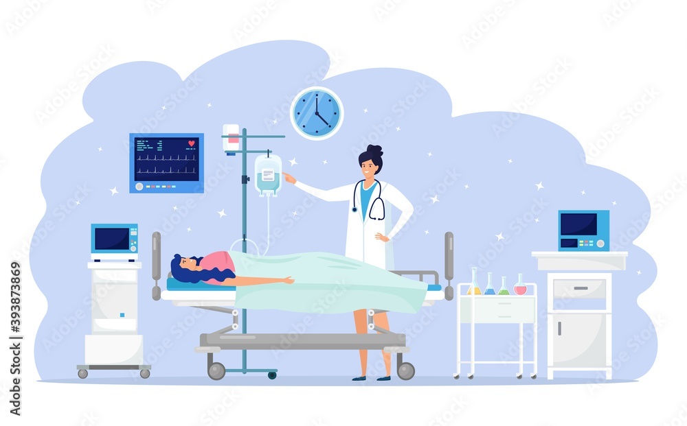 Doctor and patient in medical ward. Woman resting on hospital bed with ...