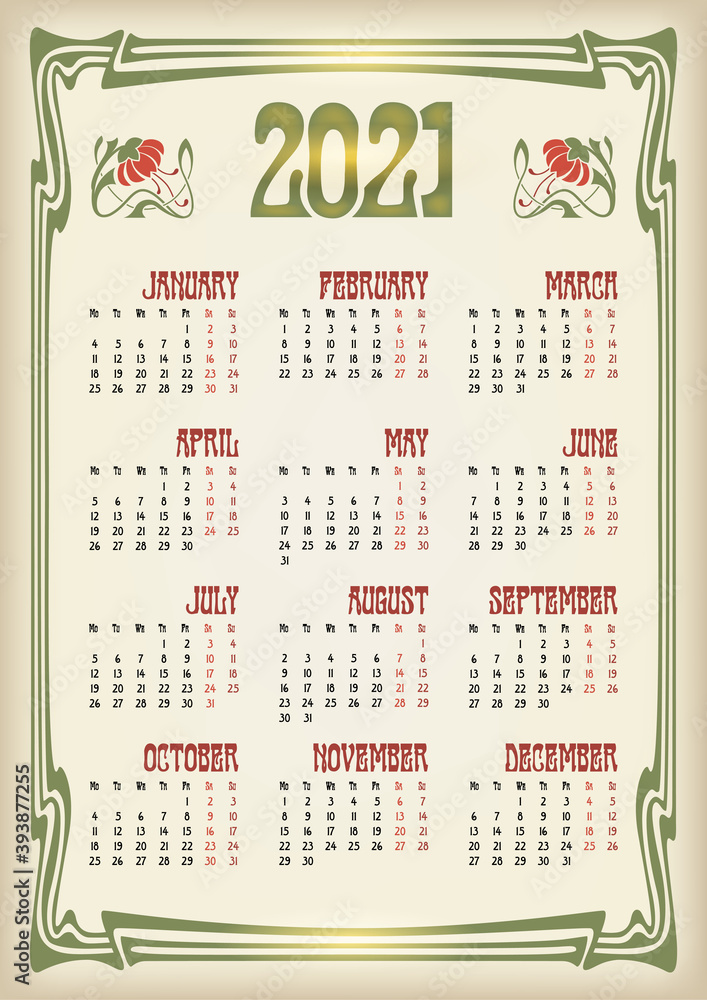 Calendar layout for the year 2021. Modern, art nouveau style and ...