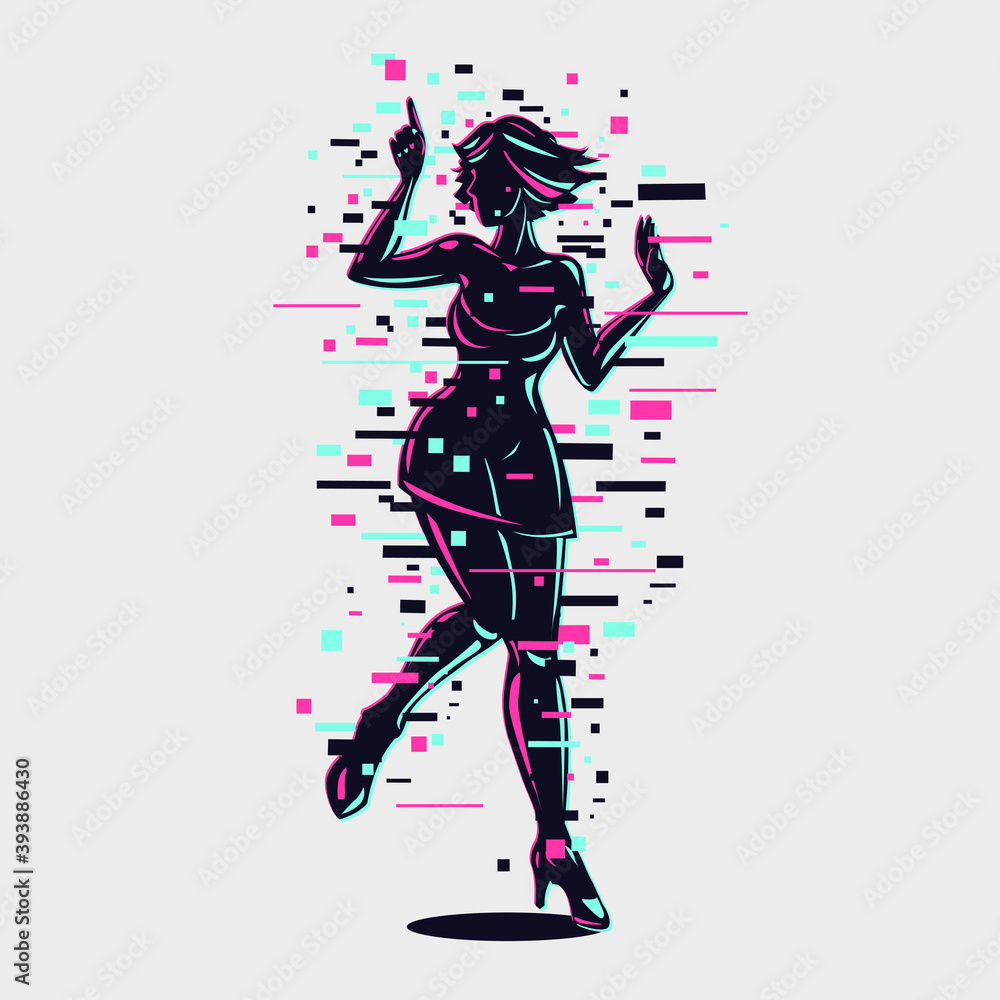 Young girl silhouette with glitch style effect. Dancing woman modern ...