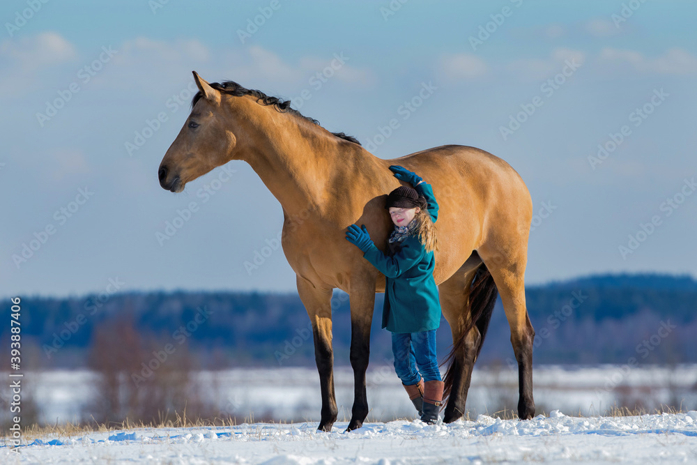 Young cute girl hugs Trakehner buskin horse outdoor in winter ...