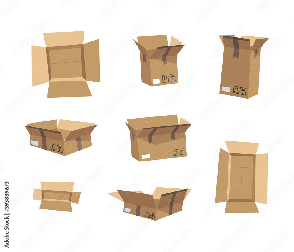 Carton Open and Closed Recycling Boxes Set. Cartoon Style Illustration ...