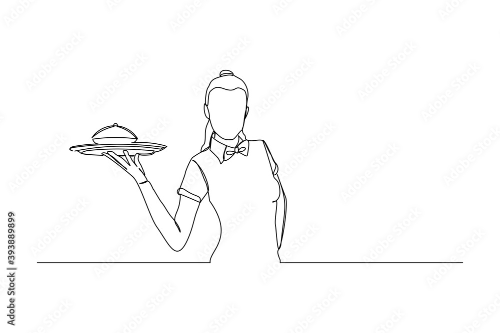 continuous line drawing of waiters woman holding order food tray for ...