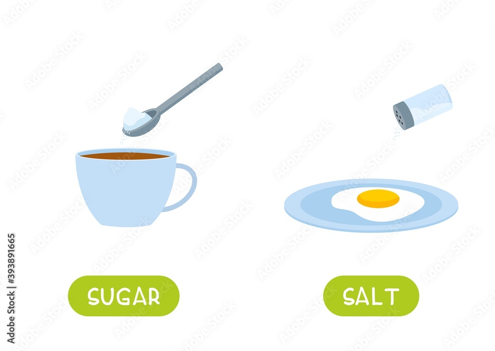 Grafika wektorowa Stock: SUGAR and SALT antonyms word card vector ...