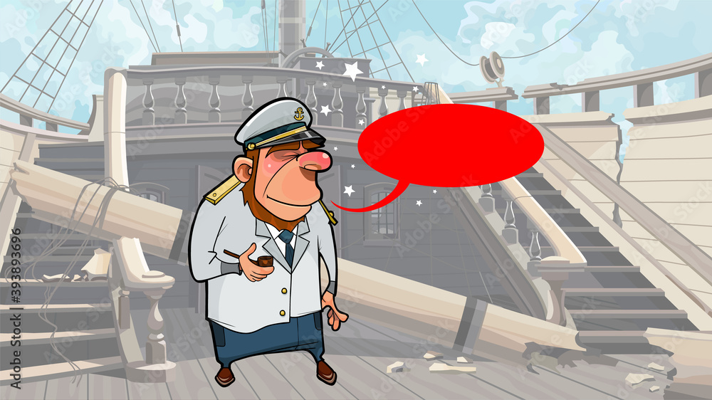 cartoon sea captain standing on the deck of a dilapidated wooden ship ...