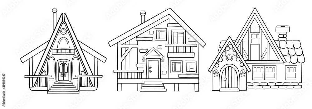 Hand drawn illustration of vintage Medieval mansion house. Vector ...