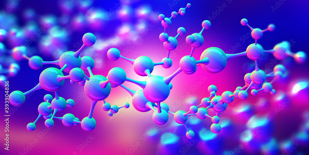 Bright, purple, neon. Science background with molecule. Abstract atomic ...