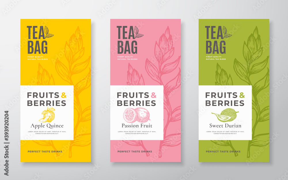 Exotic Fruits Tea Labels Set. Vector Packaging Design Layouts Bundle ...