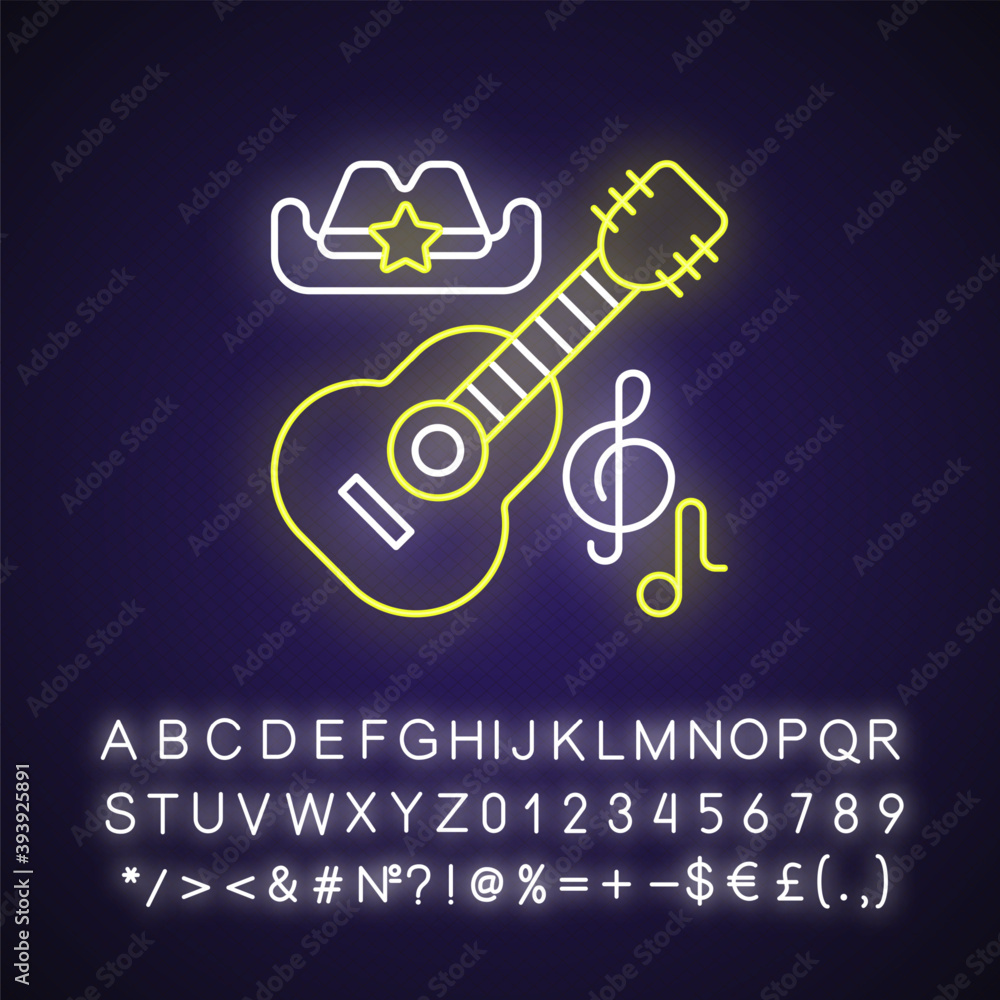 Country music neon light icon. Acoustic guitar types. Traditional west ...