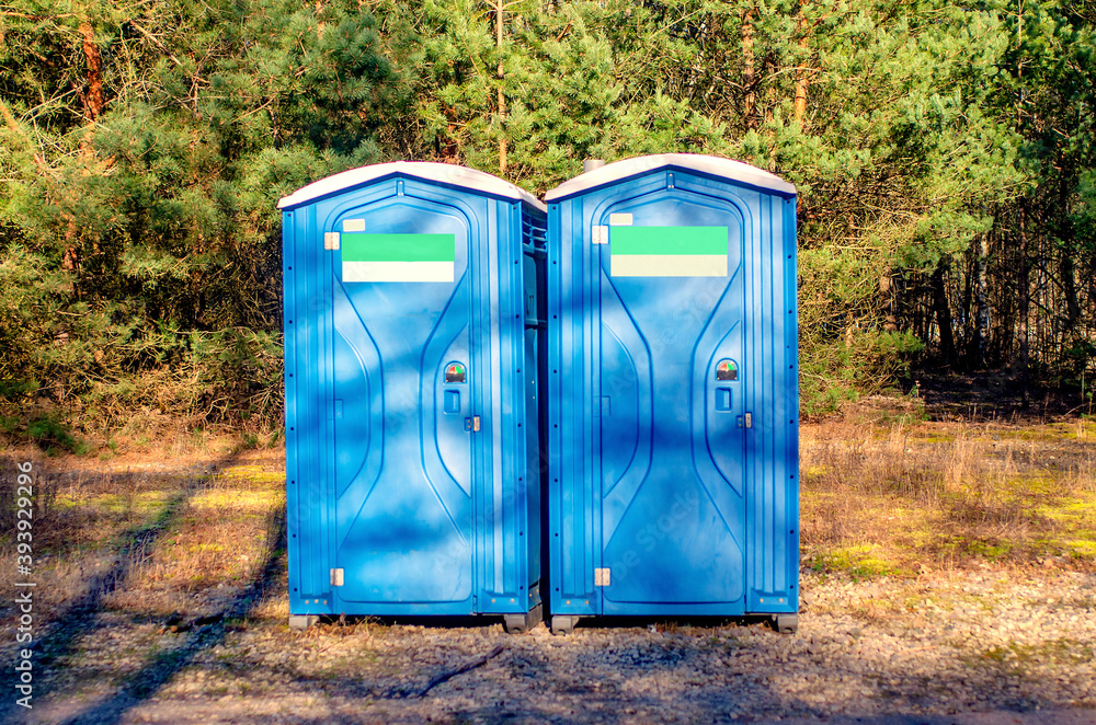 Two Blue Plastic Toilet Cabins Public Toilet In City Park Chemical