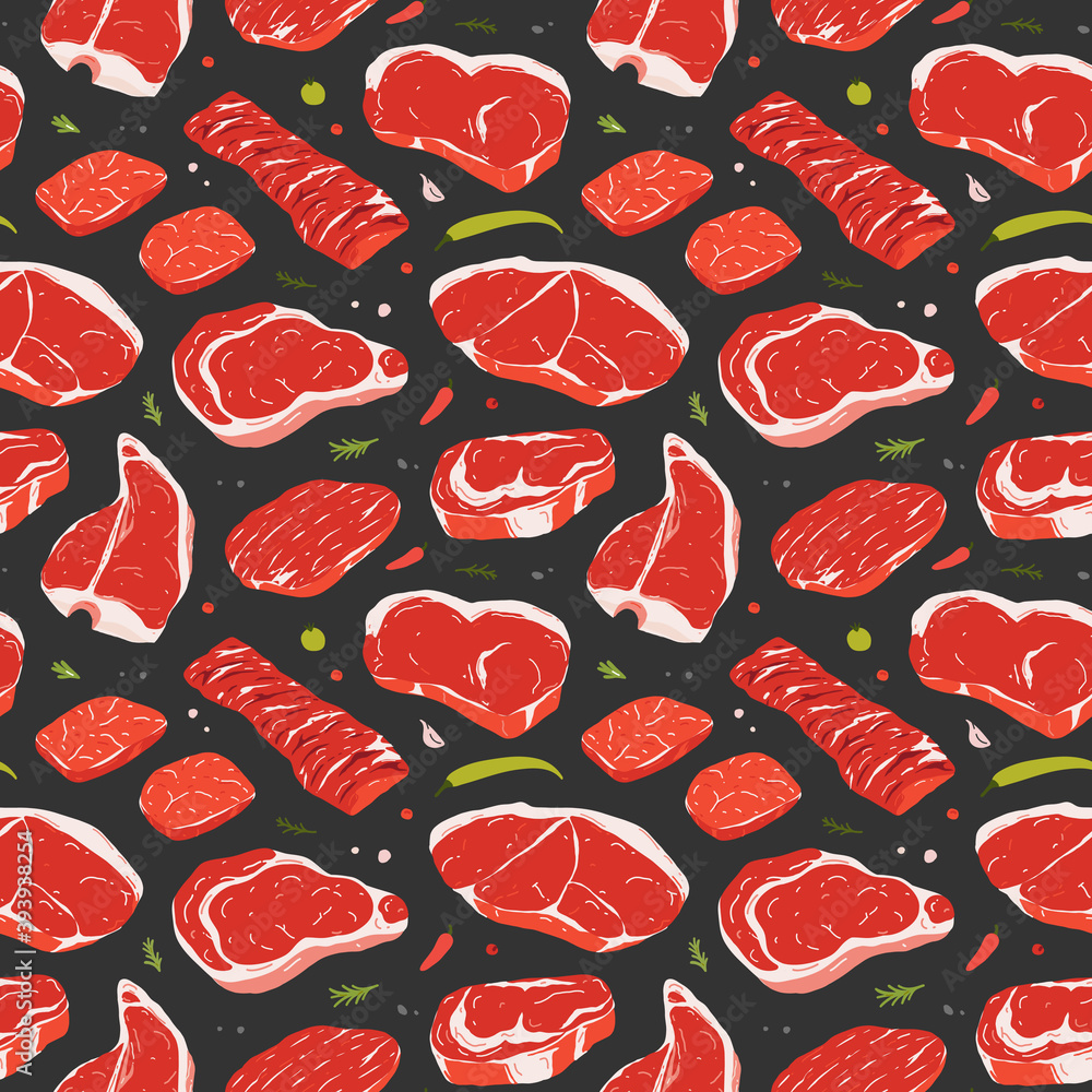 Steak pattern, various beef cuts, realistic raw meat illustration ...