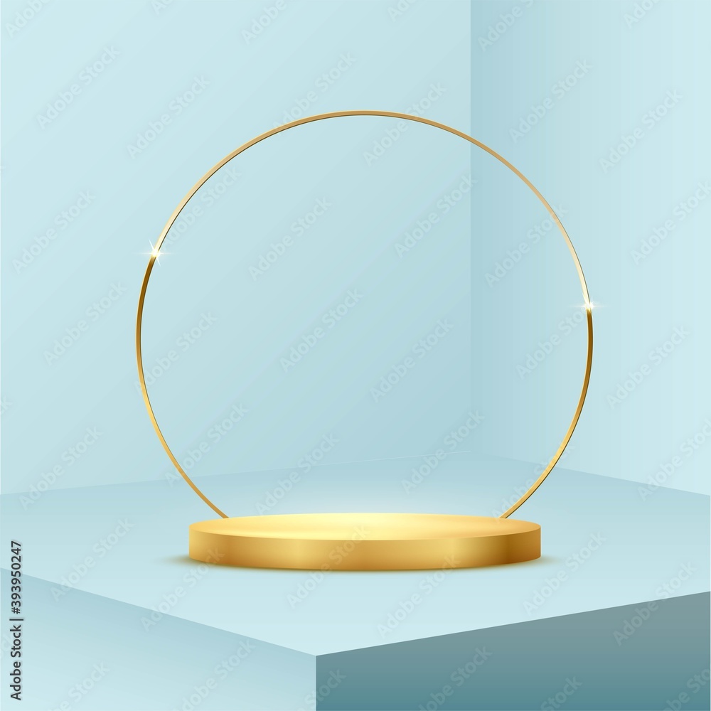 Round golden podium with ring standing on blue pastel background. 3d ...