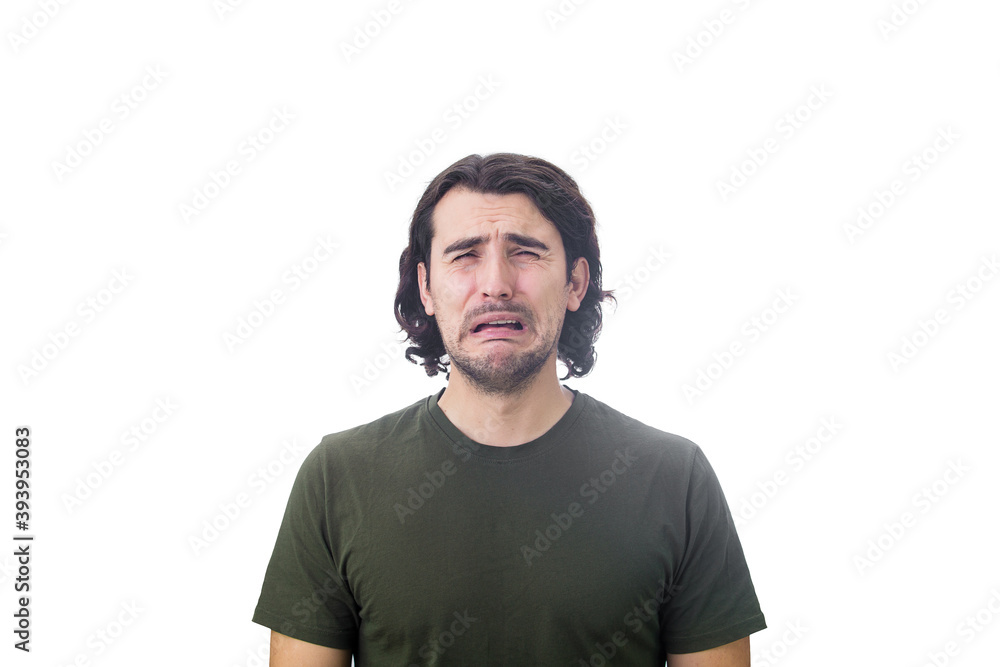 Portrait of desperate young man crying isolated on white background ...