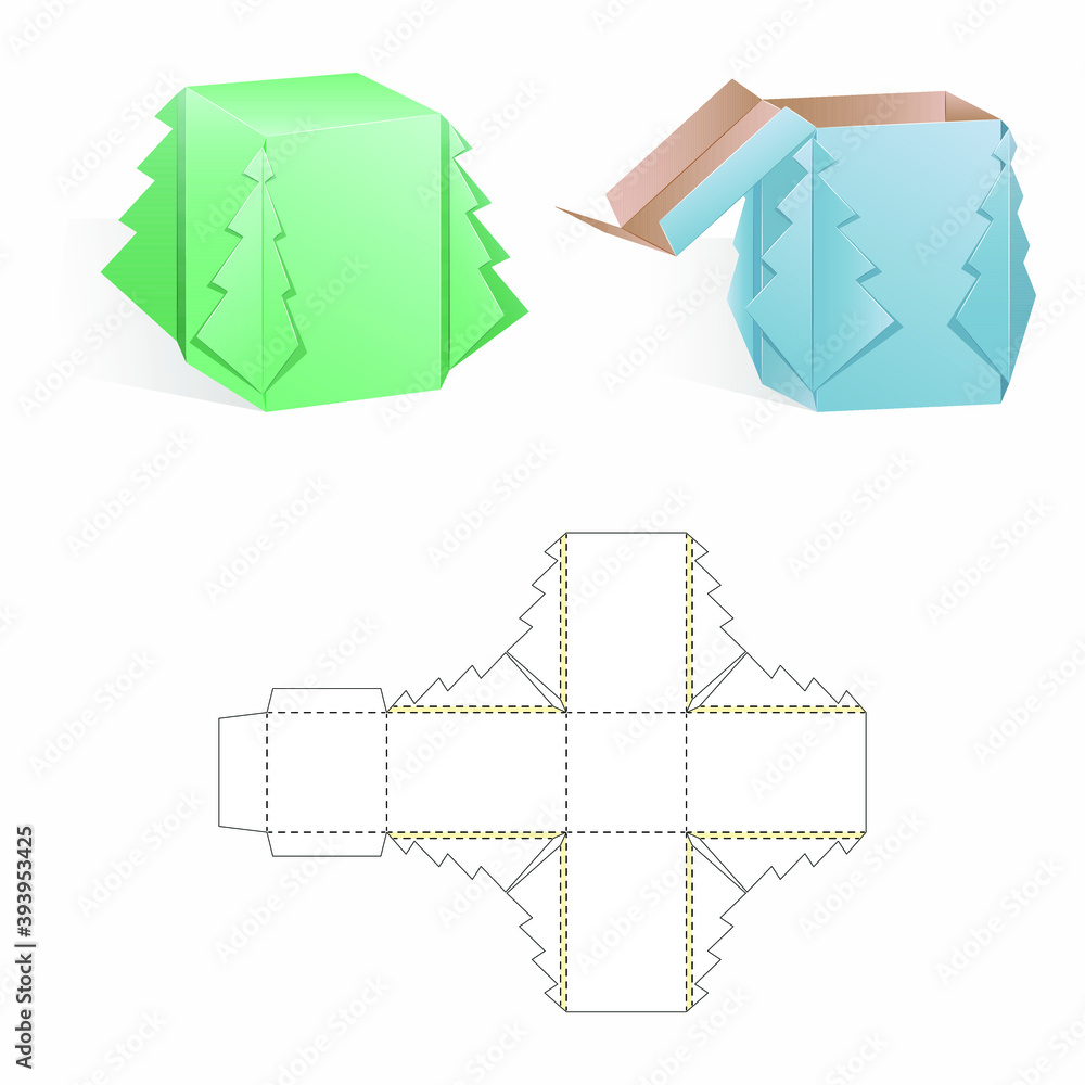 Cardboard Die Cut. Retail gift box with christmas tree. Blueprint ...