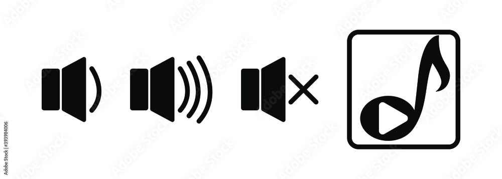Set of sound icons and square play button with musical note. Black ...