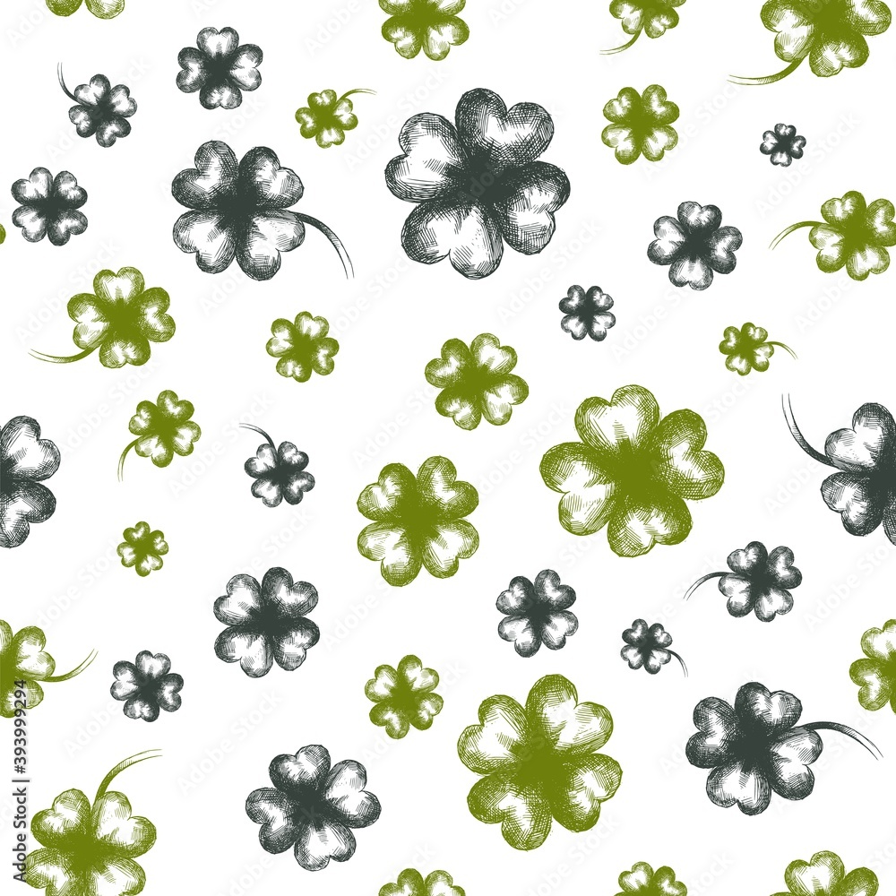 Vector seamless pattern with four leaf clover on a white background ...