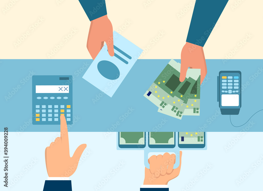 Employee calculates cost of purchase. Concept of customer and ...