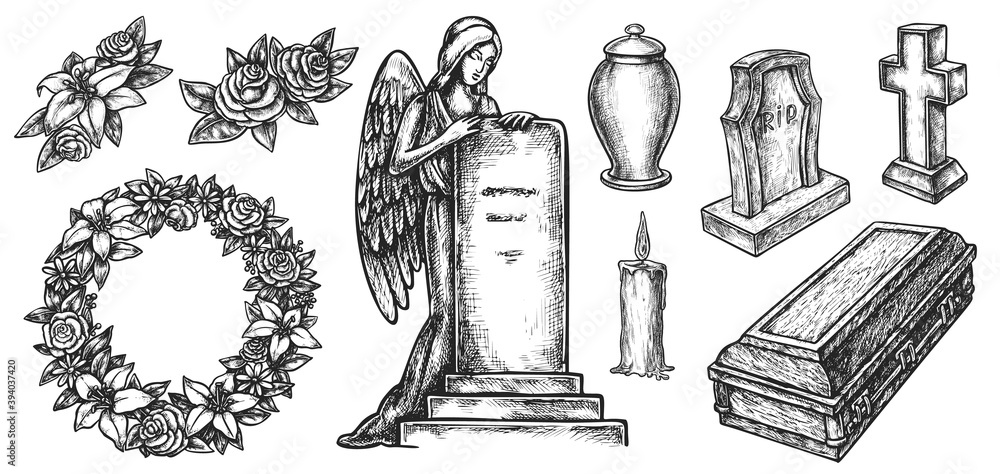 Funeral service or mortuary burial ceremony agency attribute. Hand ...