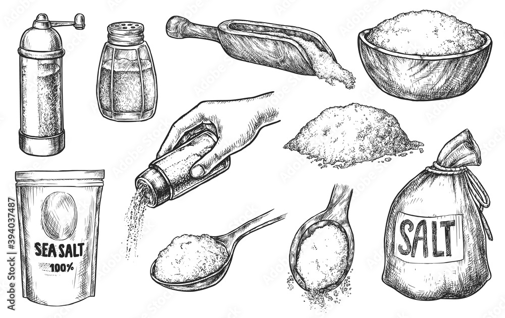 Kitchen salt baking or cooking spice ingredient sketch set. Handdrawn ...