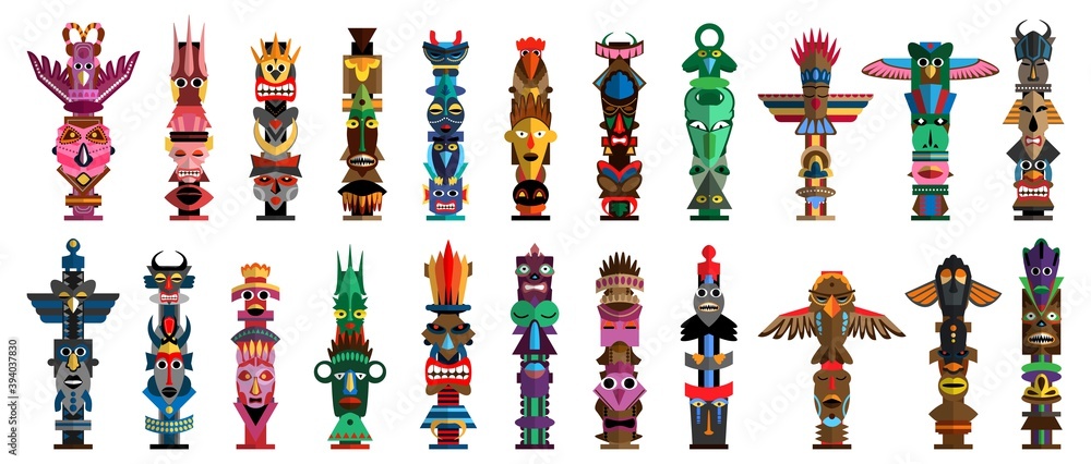 Ethnic indigenous tribal totem pole with tiki mask and eagle ...