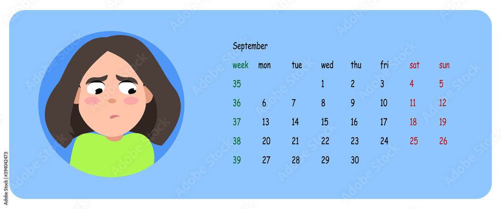 Female user profile. Calendar for the month of september 2021. A ...