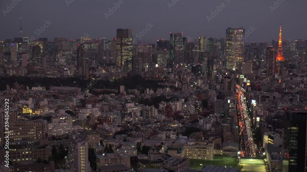 TOKYO, JAPAN : Wide aerial high angle sunset CITYSCAPE of TOKYO. View ...
