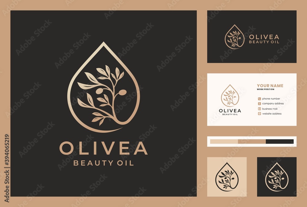 golden olive oil / water drop logo design with busniess card template ...