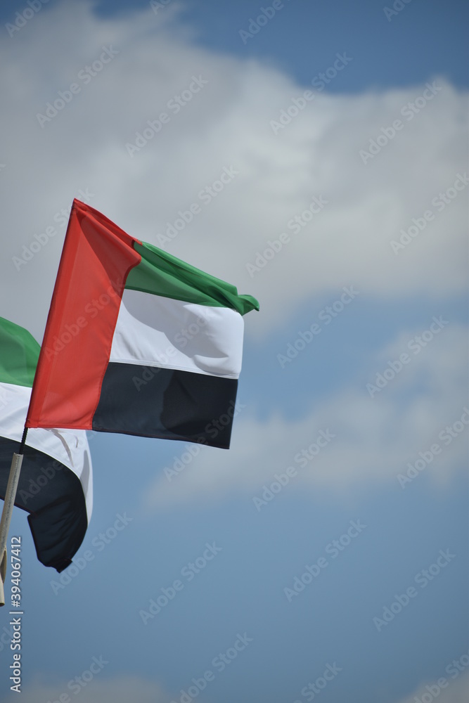 UAE flag waving in the sky, national symbol of UAE. UAE National Day ...