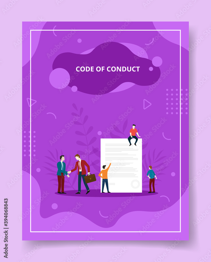 Vetor de code of conduct people front paper standing sitting handshake ...