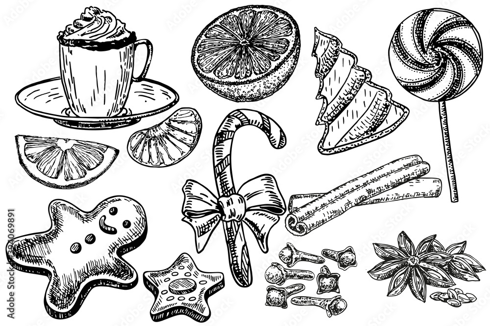 Christmas sweets set, hand drawing sketch illustration. Tangerines ...