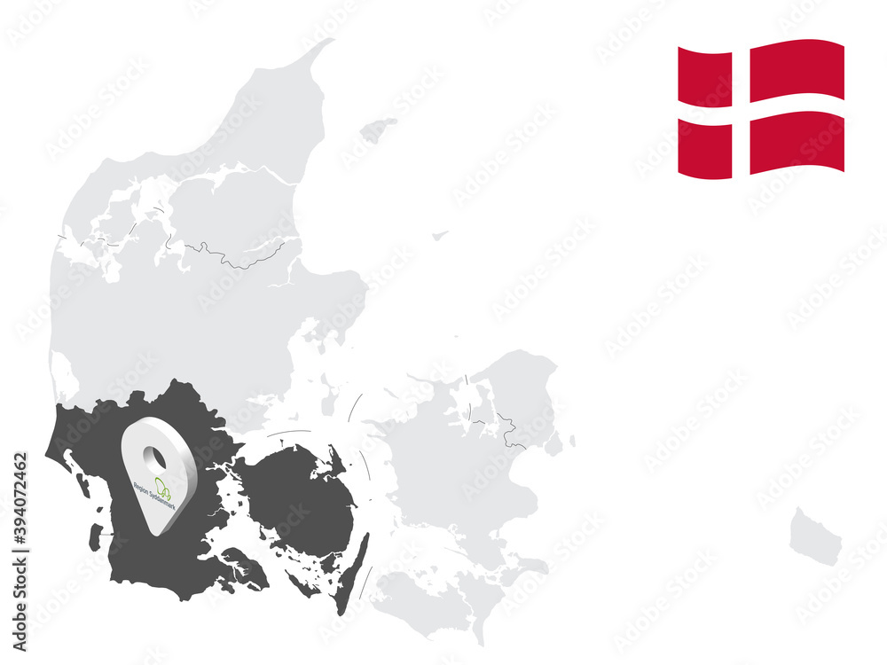 Location Region of Southern Denmark on map Denmark. 3d location sign ...