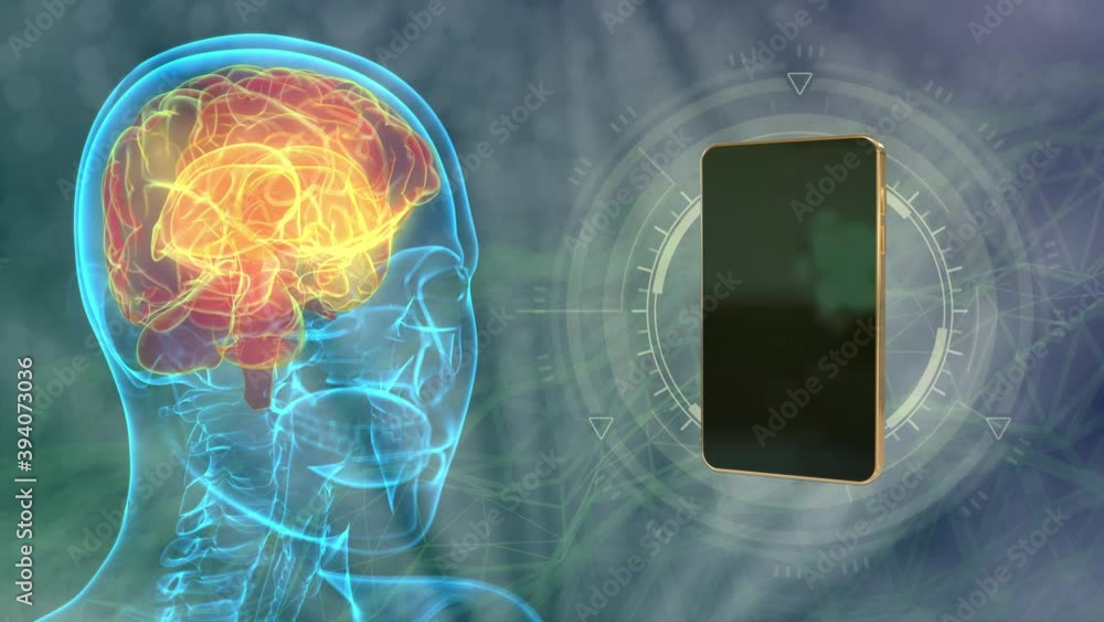 Video „x-ray human head moving with ringing incoming call phone, brain ...