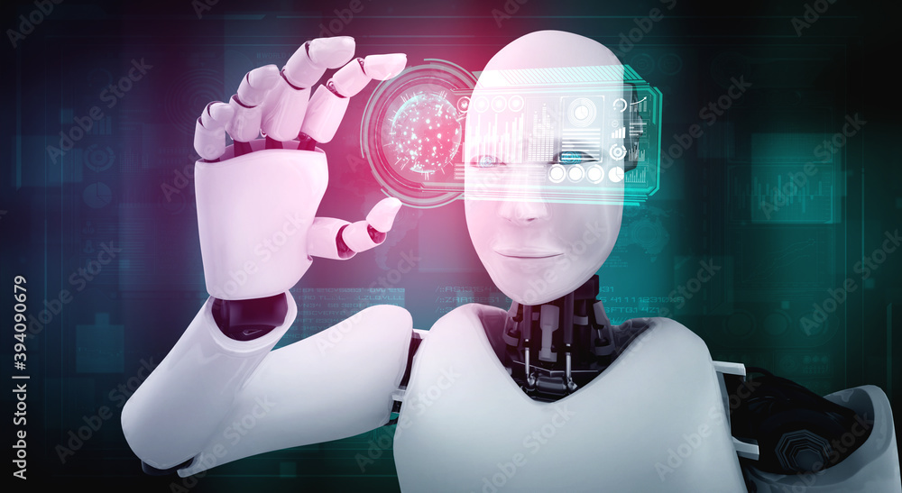 Robot humanoid hold HUD hologram screen in concept of AI thinking brain ...