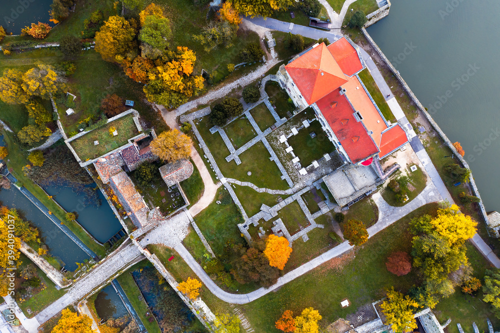 Castle of Tata city in Hungary. Amazing water fort next to Old lake ...