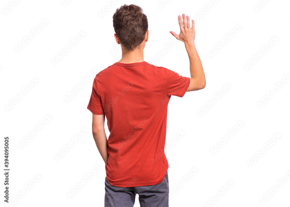 Handsome teen boy with his back turned to camera, pointing to something ...