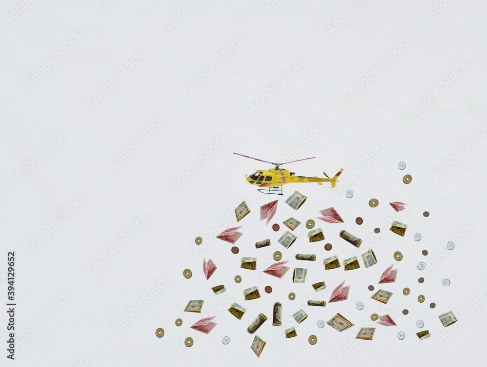 flying helicopter money throwing banknote and coin to ground on white ...