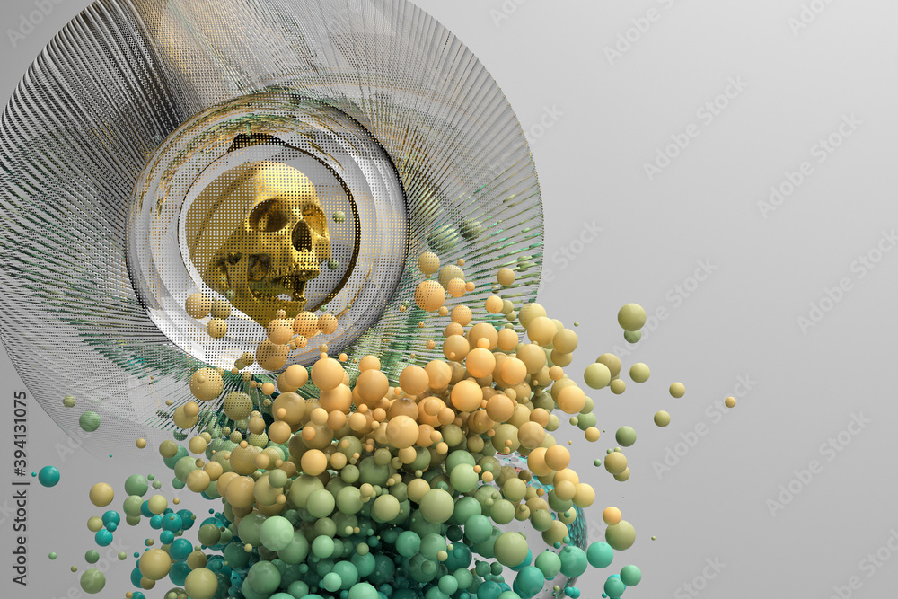 Abstract 3d illustration where a golden skull appears inside a glass ...