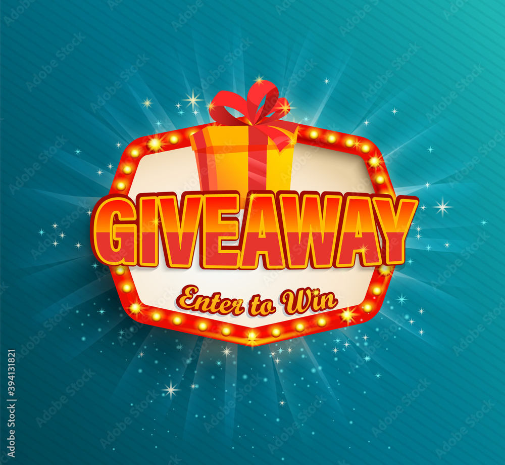 Giveaway banner,Win poster with giftbox with prize to winner in retro ...