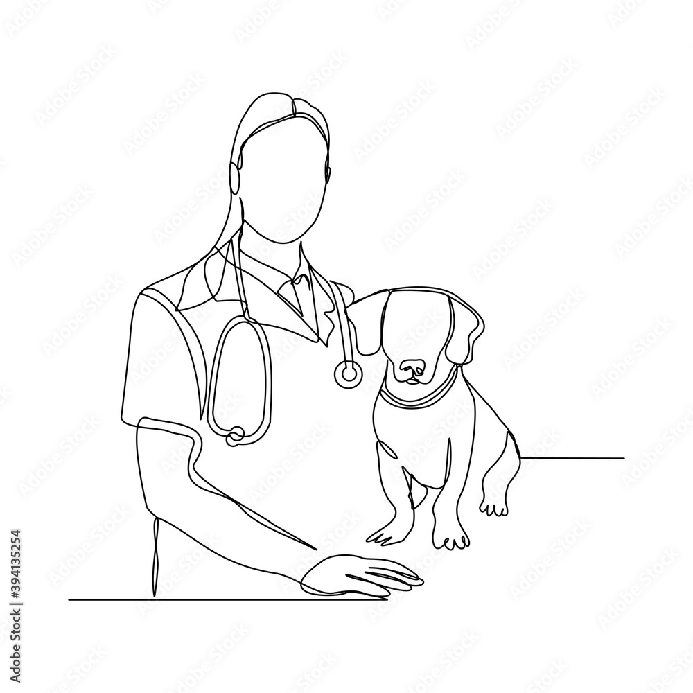 Continuous line drawing of young female veterinarian examining and take ...